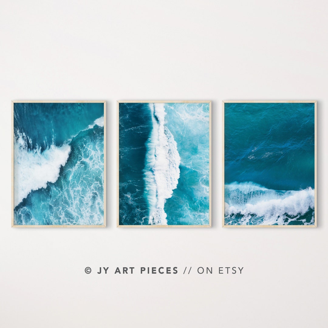 Blue Ocean Prints, Set of 3, Waves Wall Art, Aerial Ocean Print, Blue ...