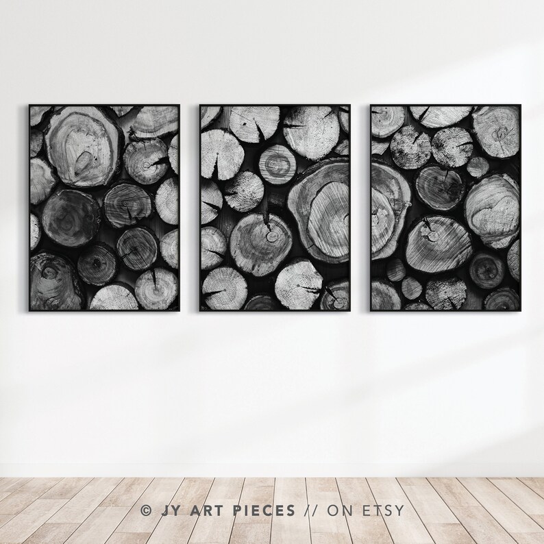 Black and White Wood Log Prints: Rustic Wall Art, Set of 3 (digital ...