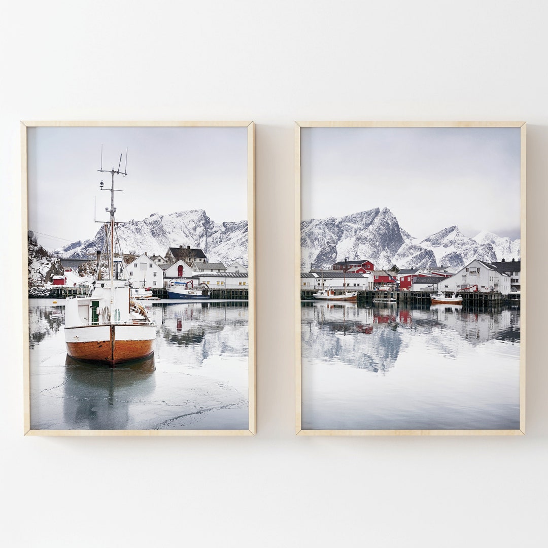 Norway Village, Norway Print Set of 2 Nordic Art Print, Norway Boat ...