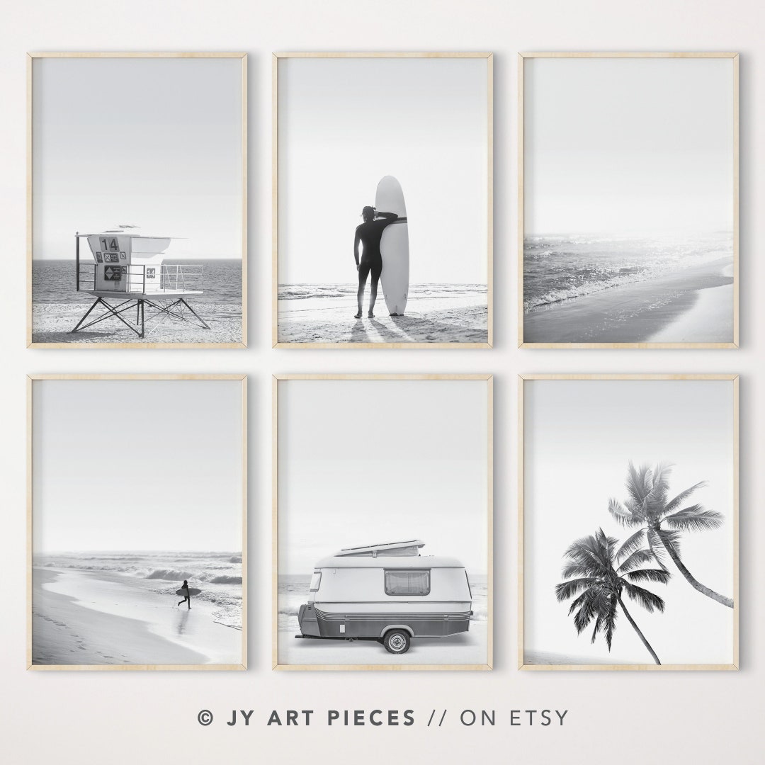 Beach Wall Art, Surf Prints, Set of 6, Black White Beach Prints, Palm ...
