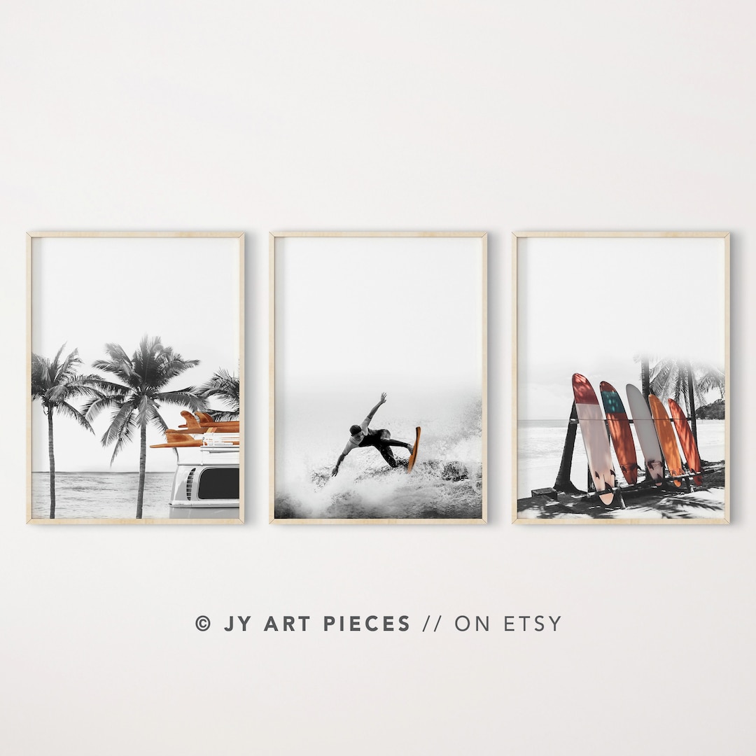Black and White Surf Prints, Set of 3, Surfboard Prints, Beach Prints ...