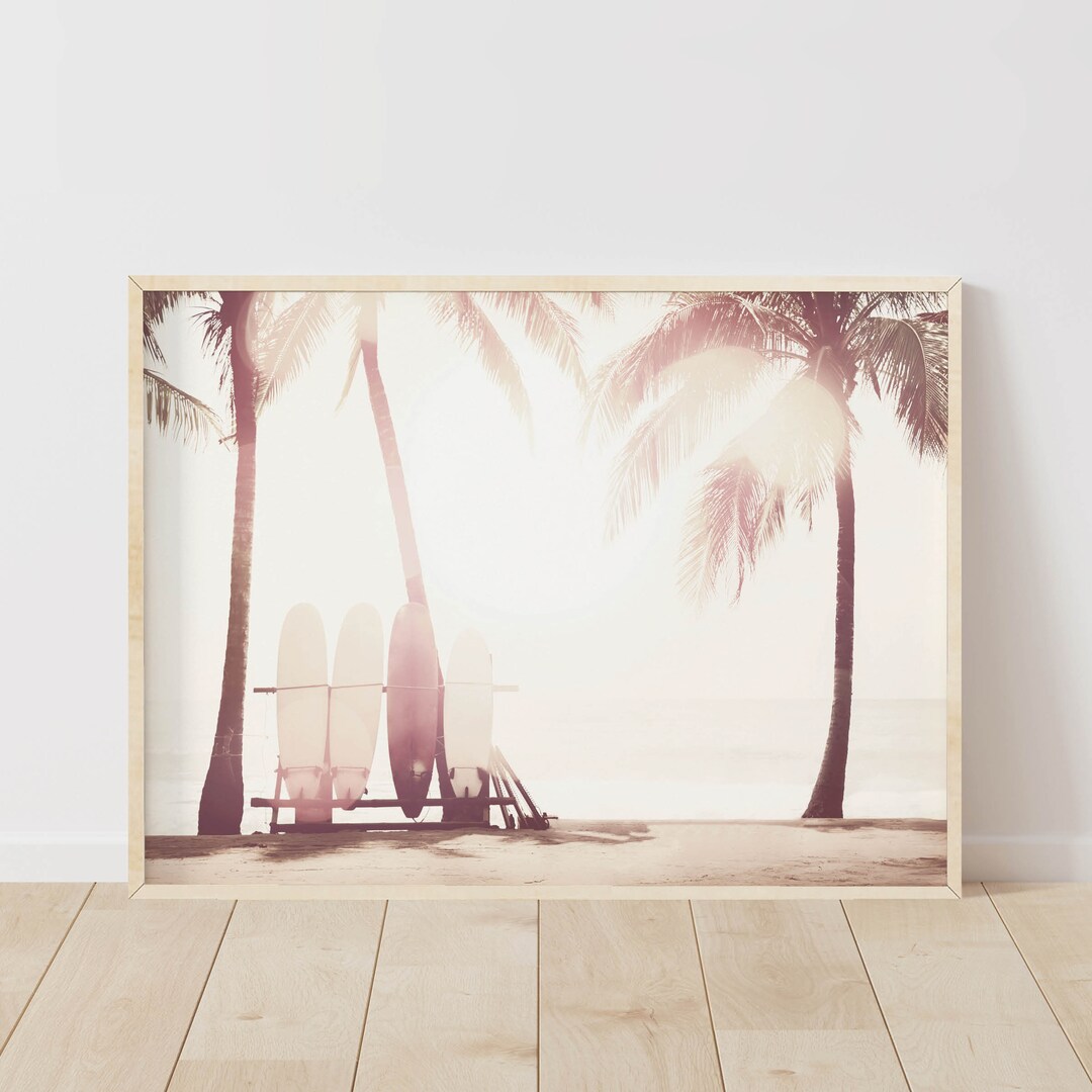 Sunset Surf Print, Beach Surfboard Photo, Coastal Palm Tree Poster ...