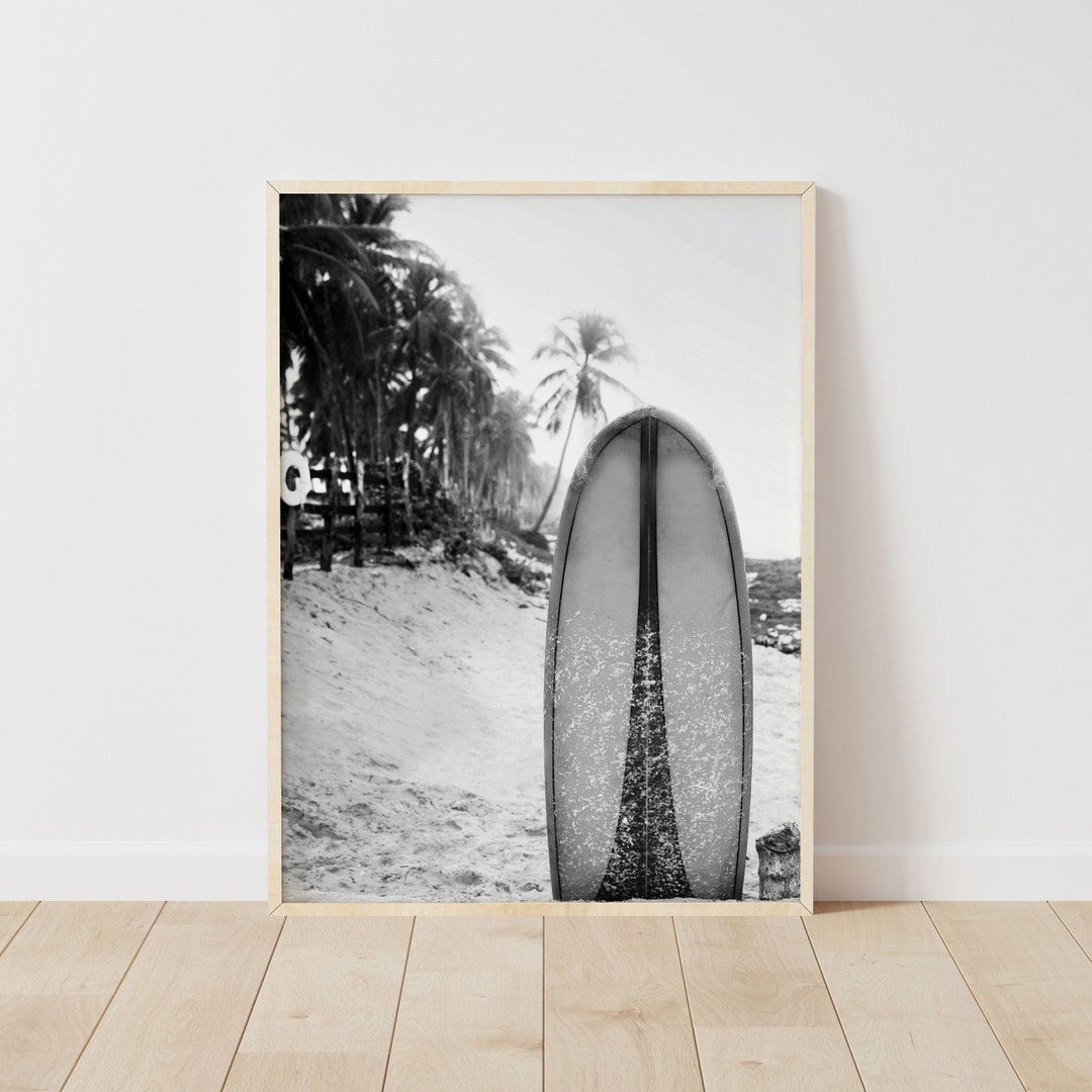 Black and White Surf Prints, Beach Surfboard Print, Coastal Palm Tree ...