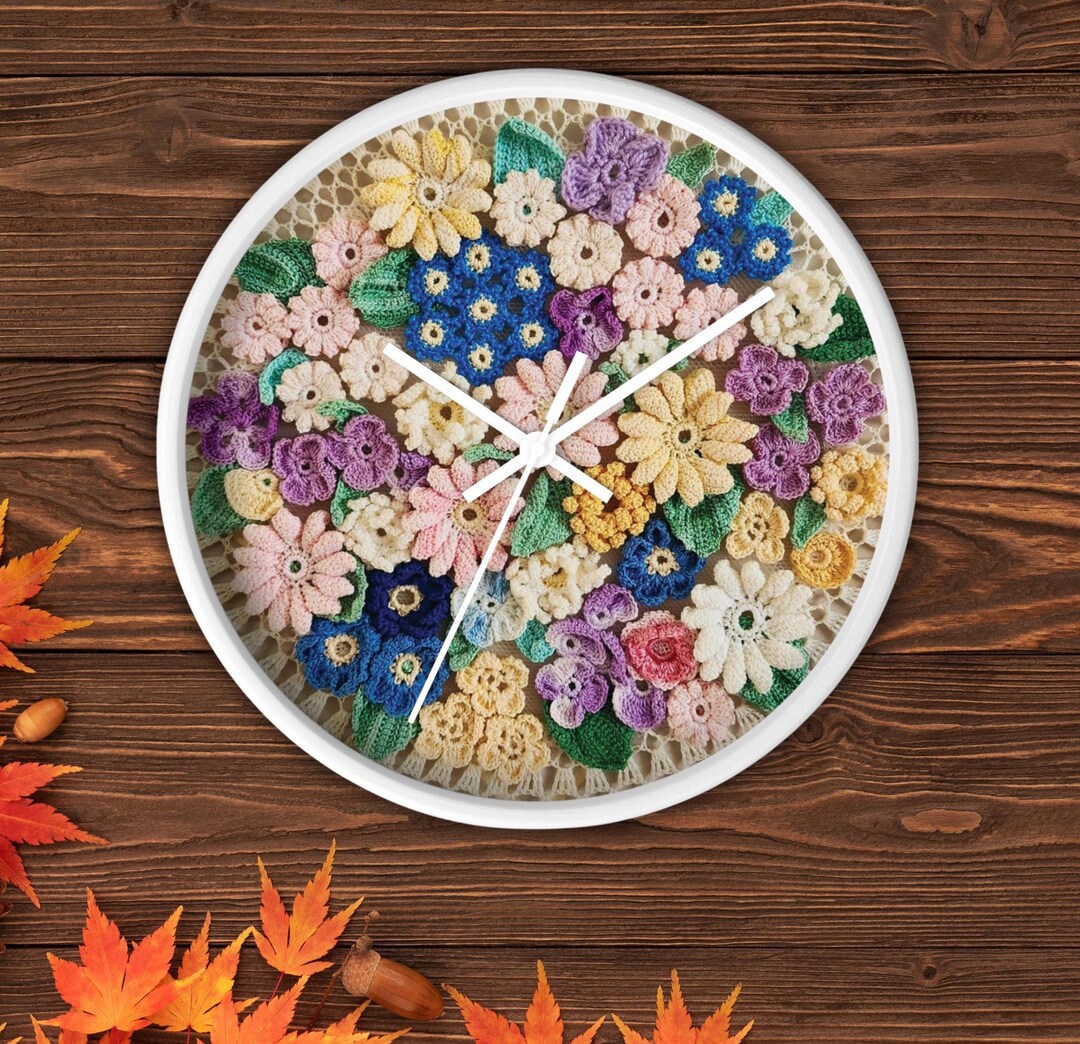 Crochet Flowers Art Wall Clock - Bold Artistic Craft Wall Clock - Art ...
