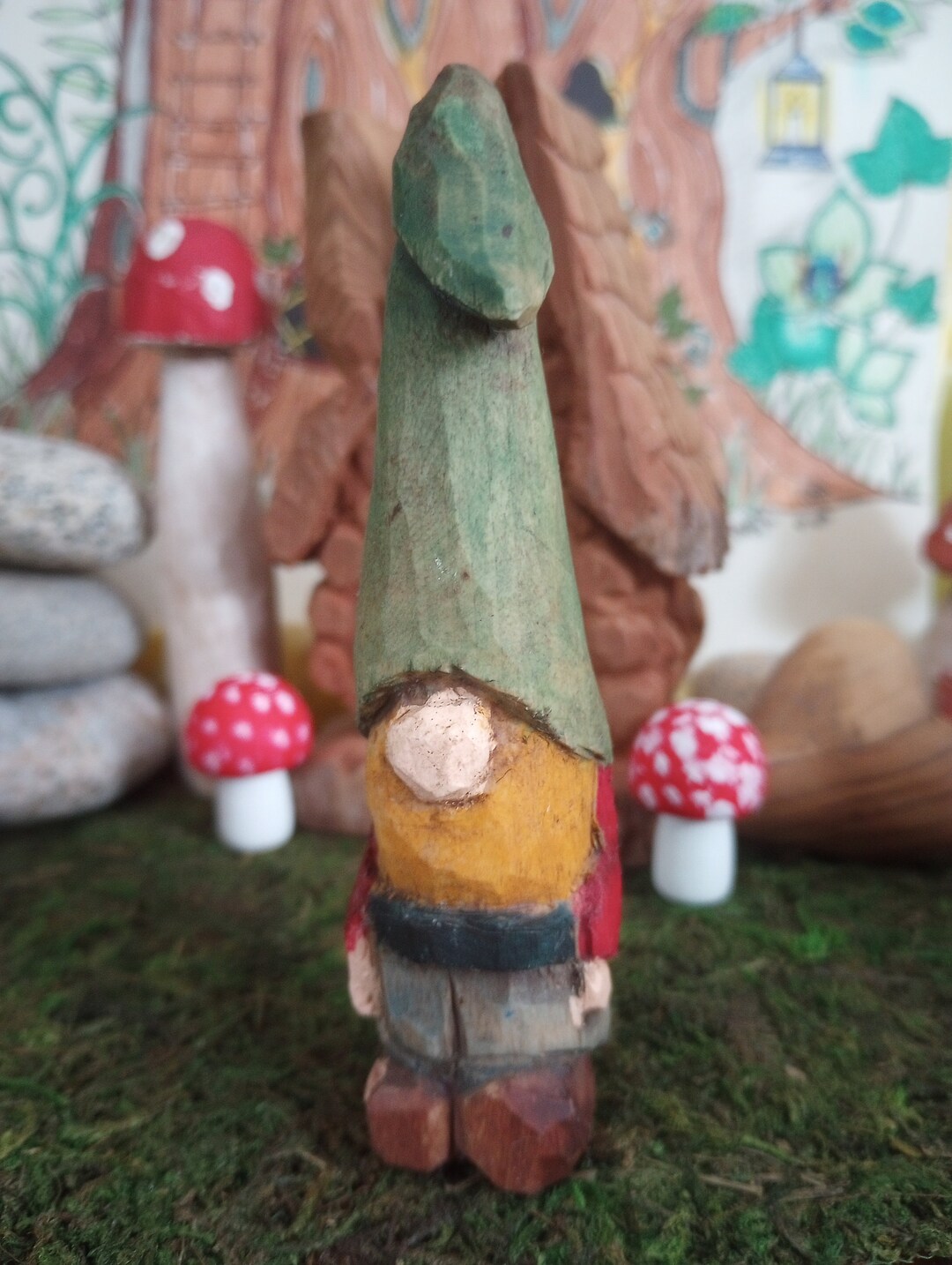 Hand Carved Wood Wooden Gnome Hand Painted Fairy Faerie Garden Primitve ...