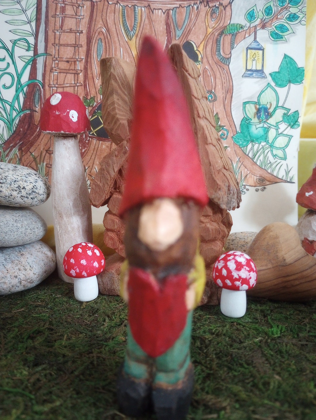 Hand Carved Wood Wooden Gnome Hand Painted Fairy Faerie Garden Primitve ...