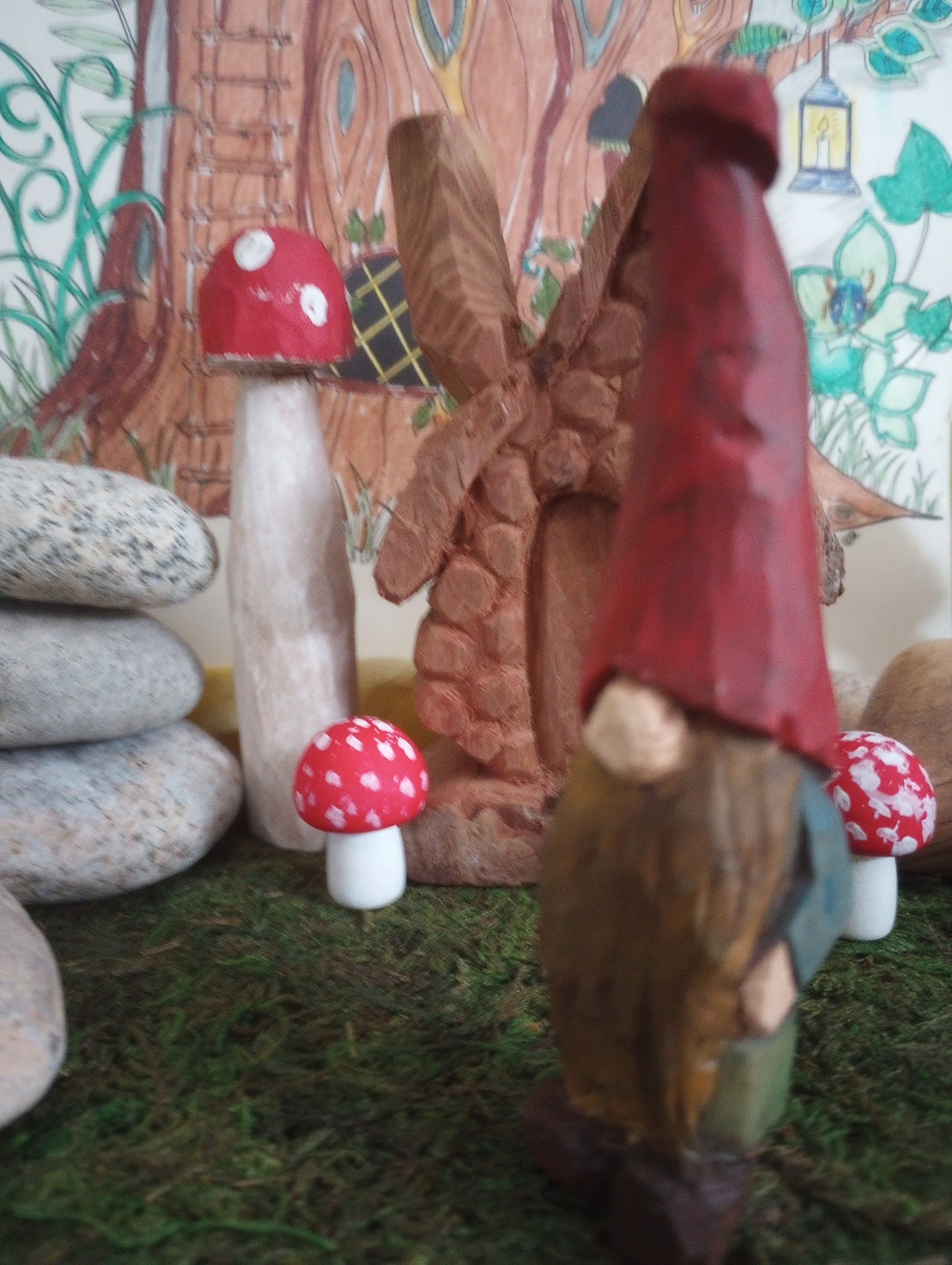 Hand Carved Wood Wooden Gnome Hand Painted Fairy Faerie Garden Primitve ...