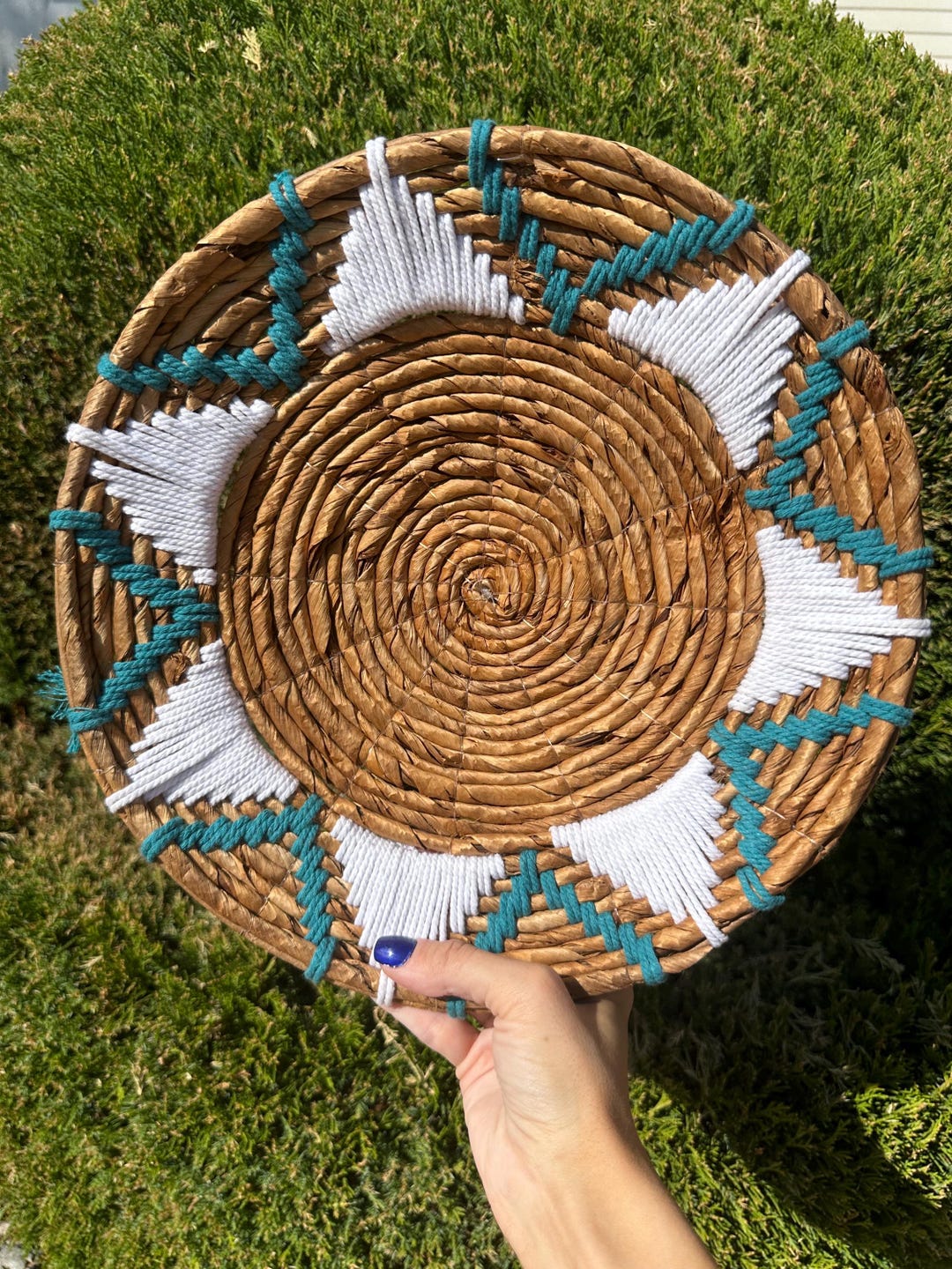 Boho Western Turquoise and White Hanging Wall Basket, Western Wall ...