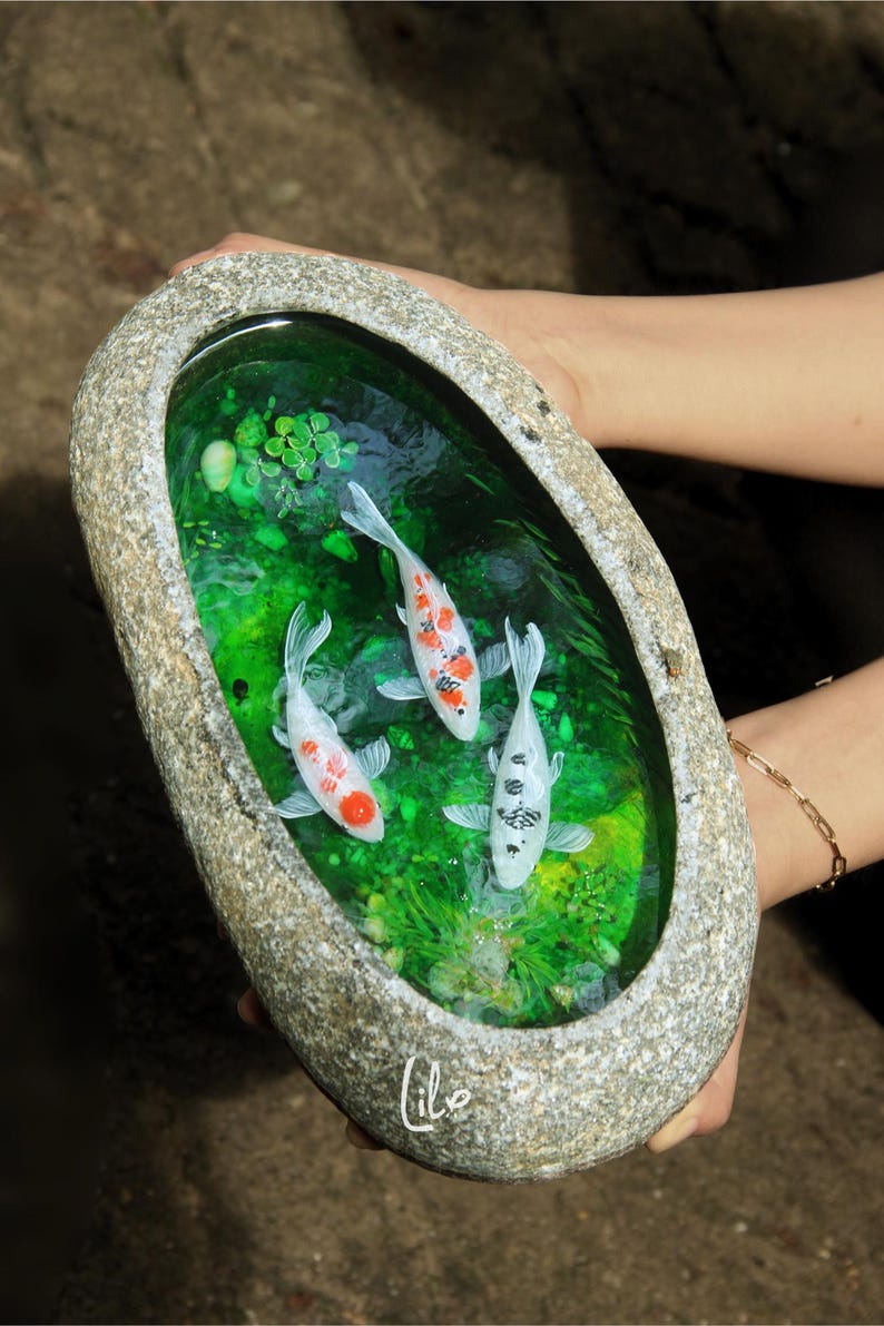 Hand-painted 3D Resin Koi Pond – Natural Stone Zen Decor - Etsy Canada