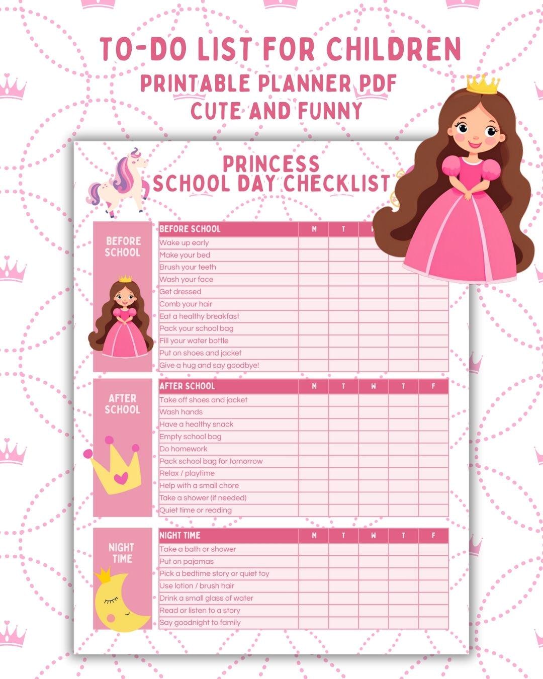 A4 Princess Kids Planner – Before & After School Schedule | Cute ...