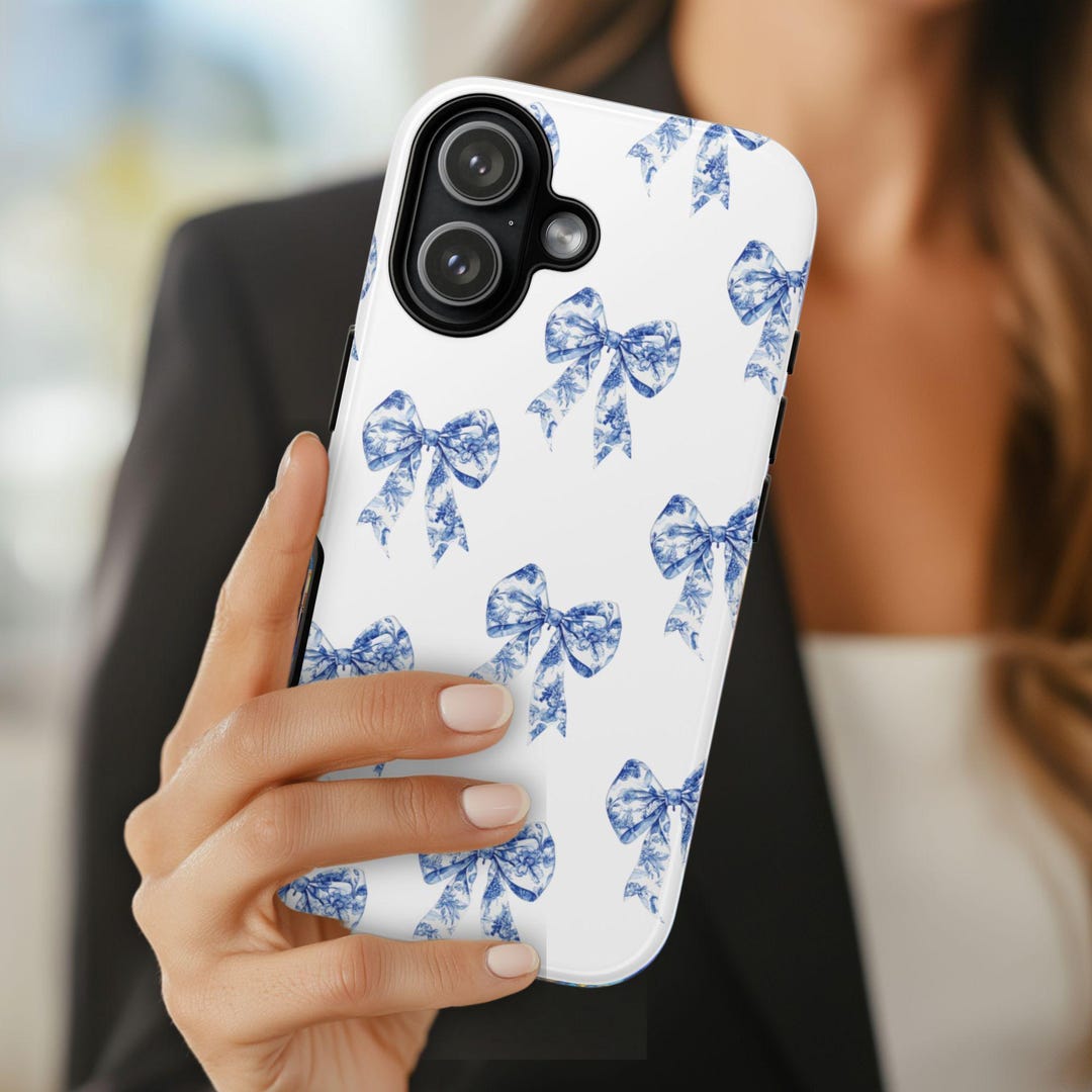Blue Toile Bows Phone Case for iPhone 17, 16, 15, 14, 13 and Galaxy ...