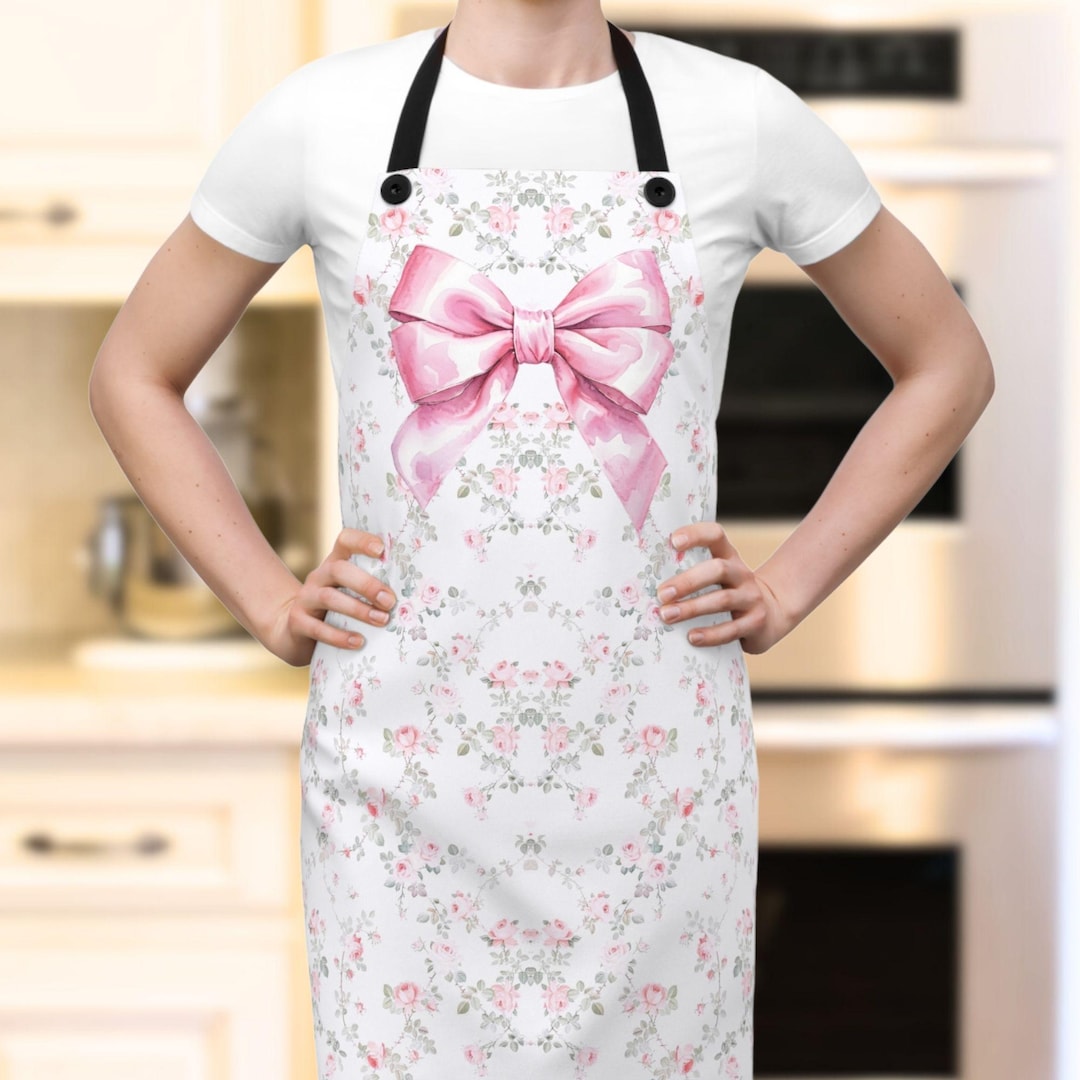 Pink Bow Apron, Girly Apron Preppy Coquette Kitchen Apron, Baking Apron ...