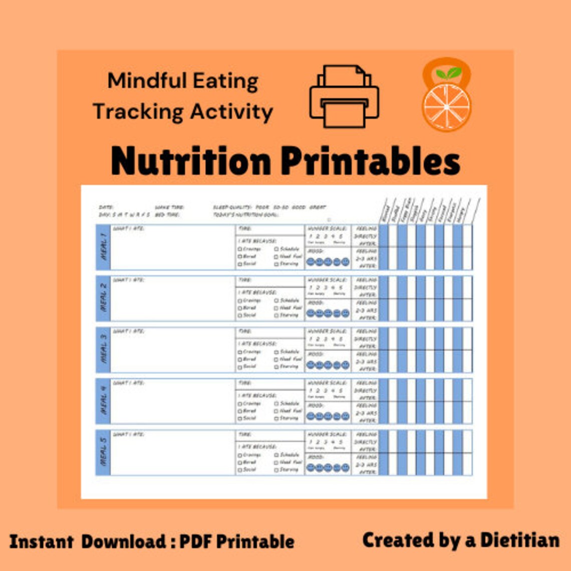 Mindful Eating Journal Printable PDF, Meal Tracker, Health and Wellness ...