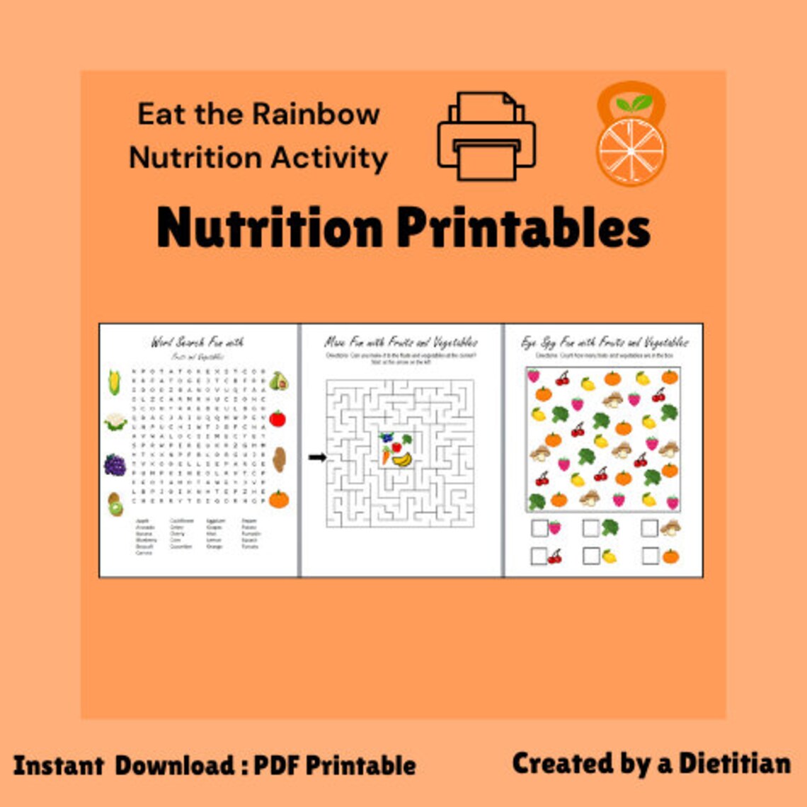 Eat the Rainbow, Nutrition Activity Food Worksheets Instant Download ...