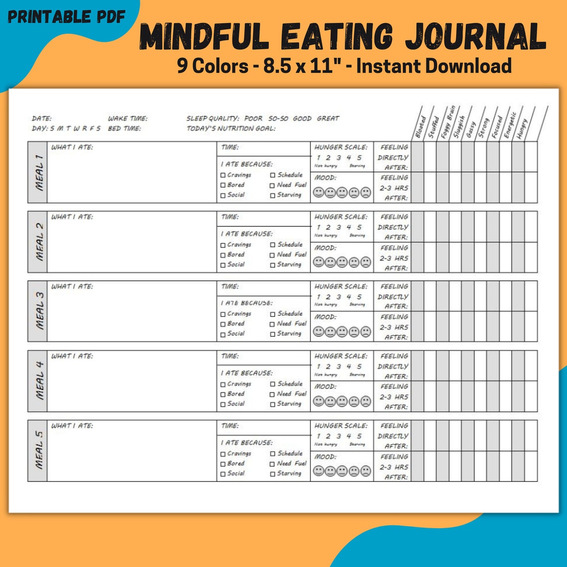 Mindful Eating Journal Printable PDF Meal Tracker Health and - Etsy