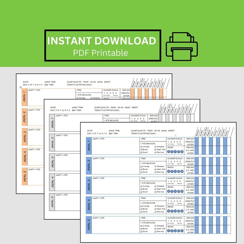 Mindful Eating Journal Printable PDF, Meal Tracker, Health and Wellness ...