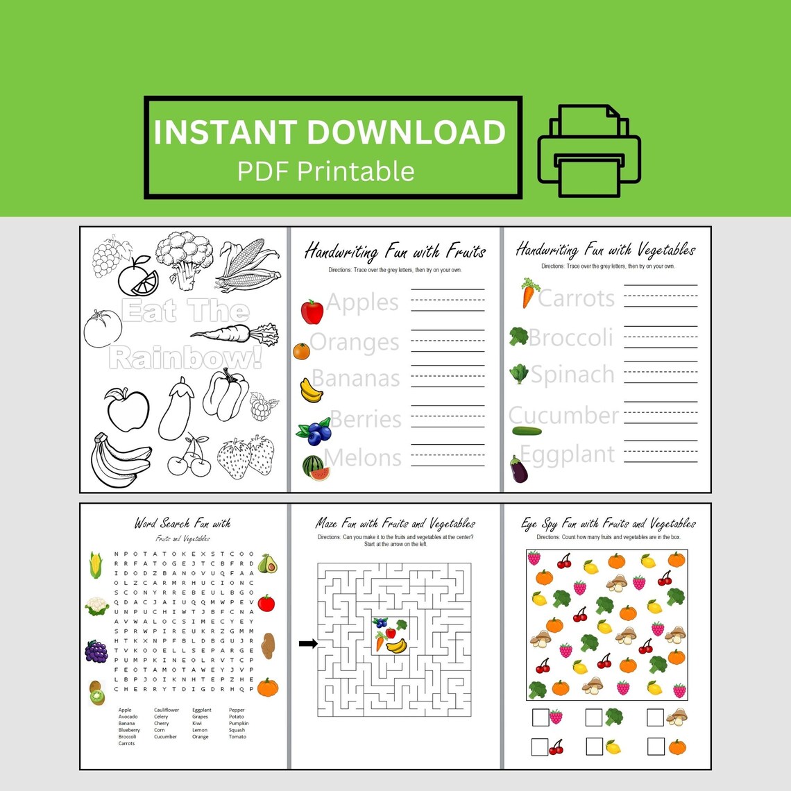 Eat the Rainbow, Nutrition Activity Food Worksheets Instant Download ...