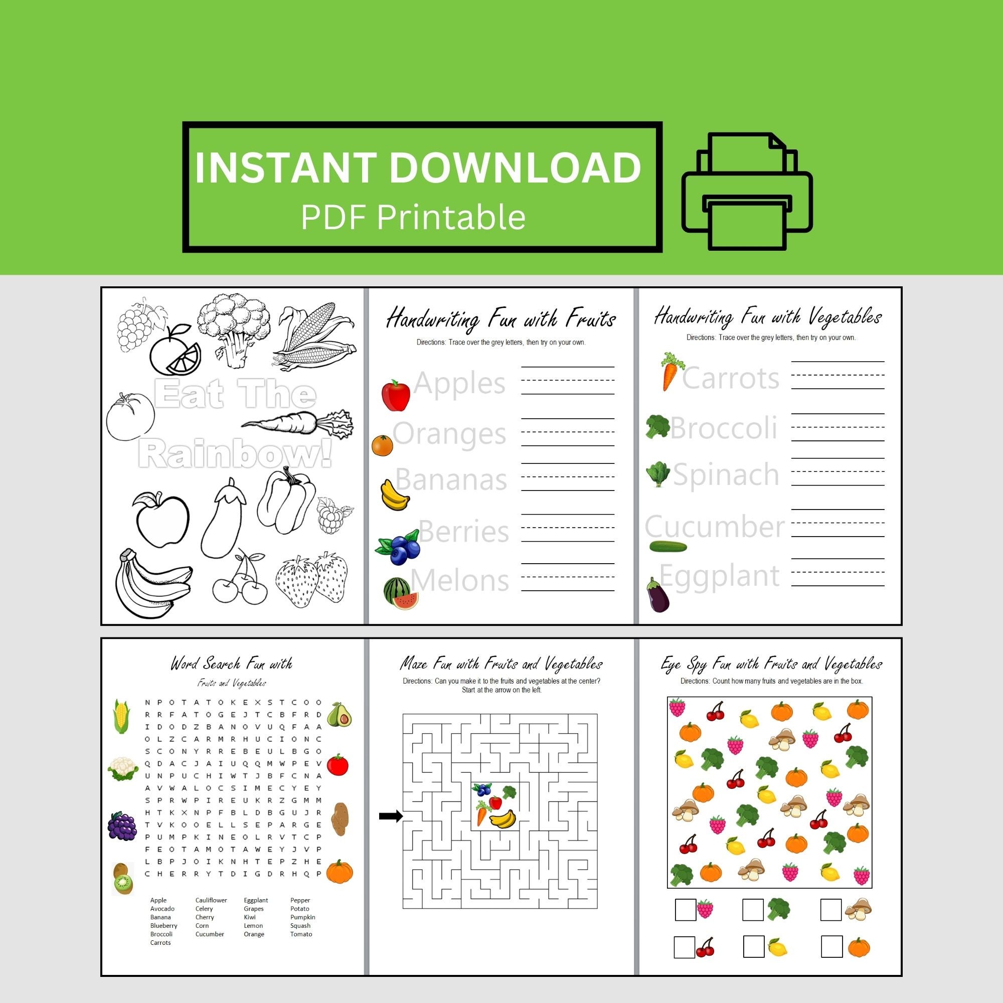 Eat the Rainbow, Nutrition Activity Food Worksheets Instant Download ...