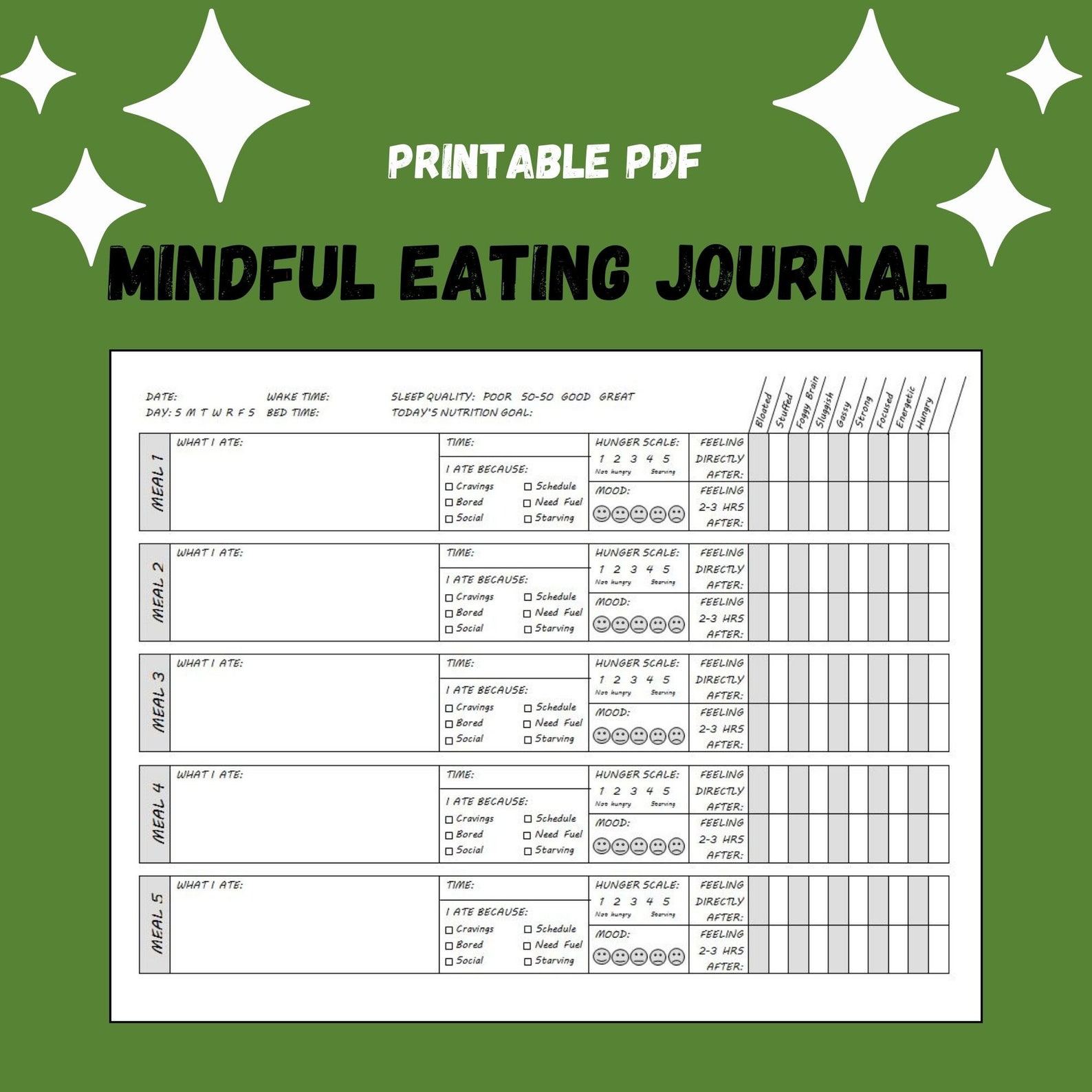 Mindful Eating Journal Printable PDF, Meal Tracker, Health and Wellness ...