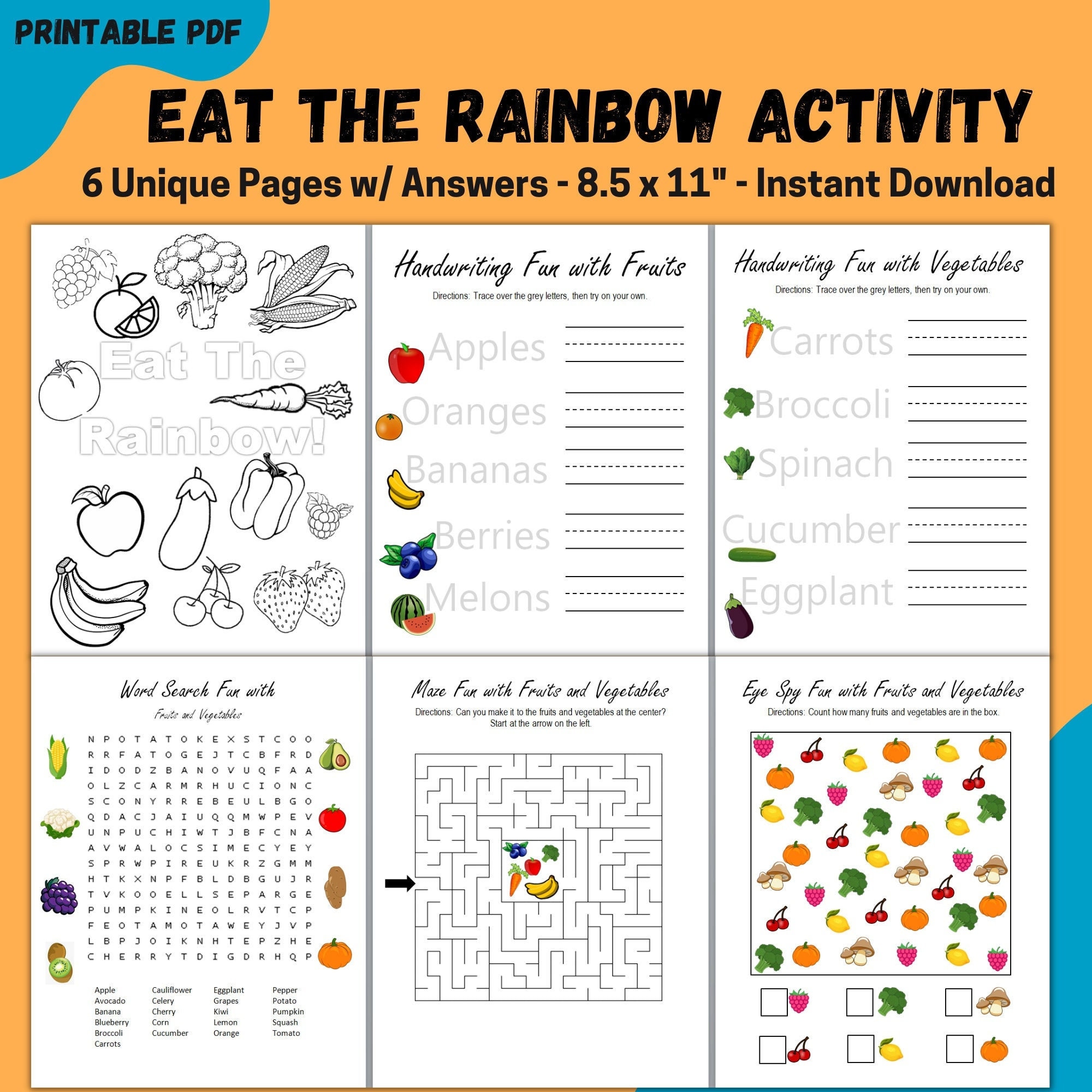 Eat the Rainbow Nutrition Activity Food Worksheets Instant - Etsy