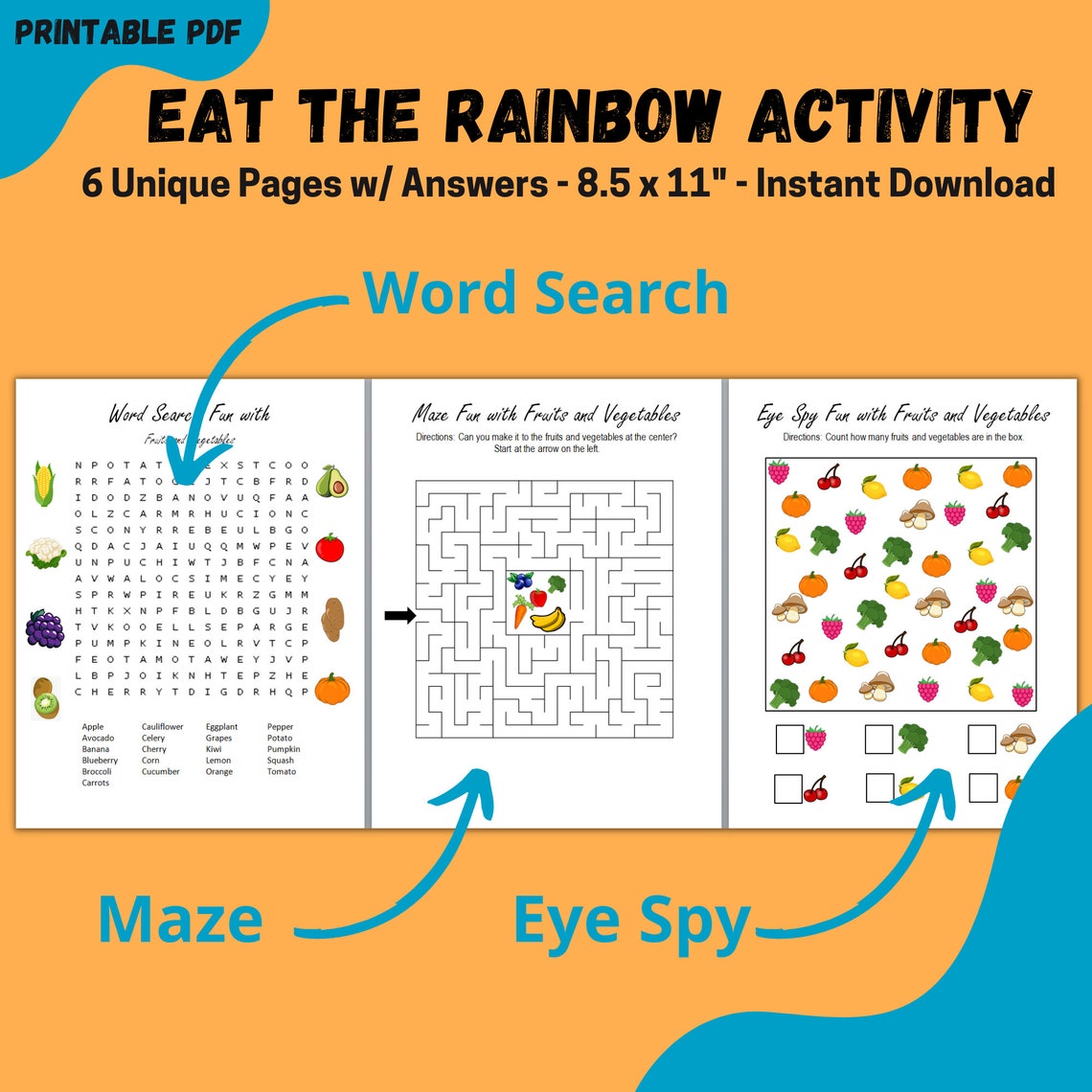 Eat the Rainbow Nutrition Activity Food Worksheets Instant | Etsy