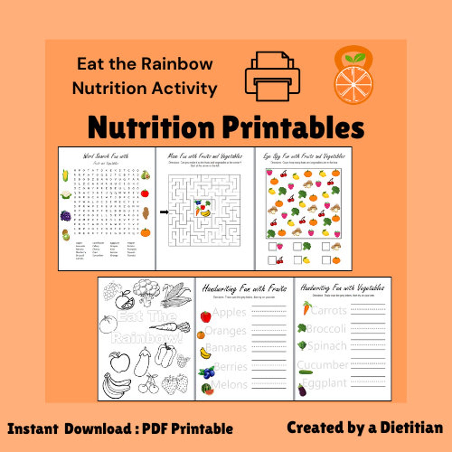 Eat the Rainbow, Nutrition Activity Food Worksheets Instant Download ...