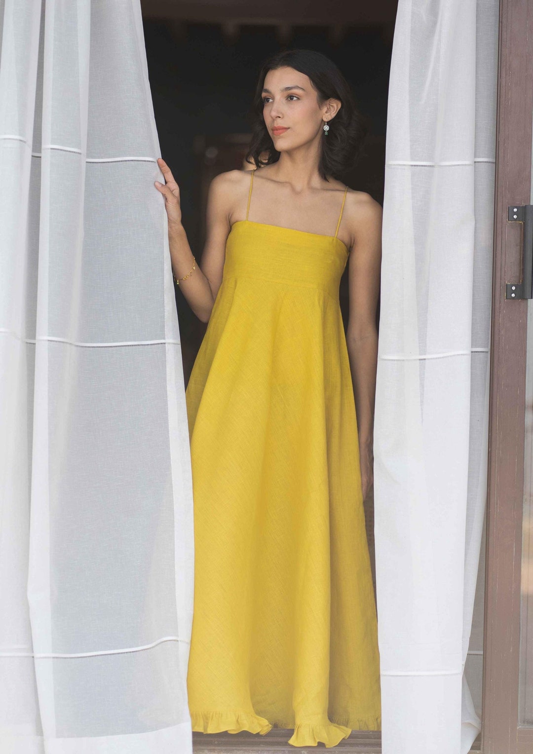 Linen Maxi Slip Dress: Lime Yellow Spaghetti Strap, Ruffled Hem - Etsy