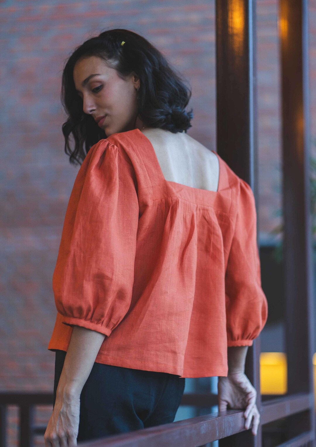 Linen Puffed Sleeve Square-neck Top - Etsy
