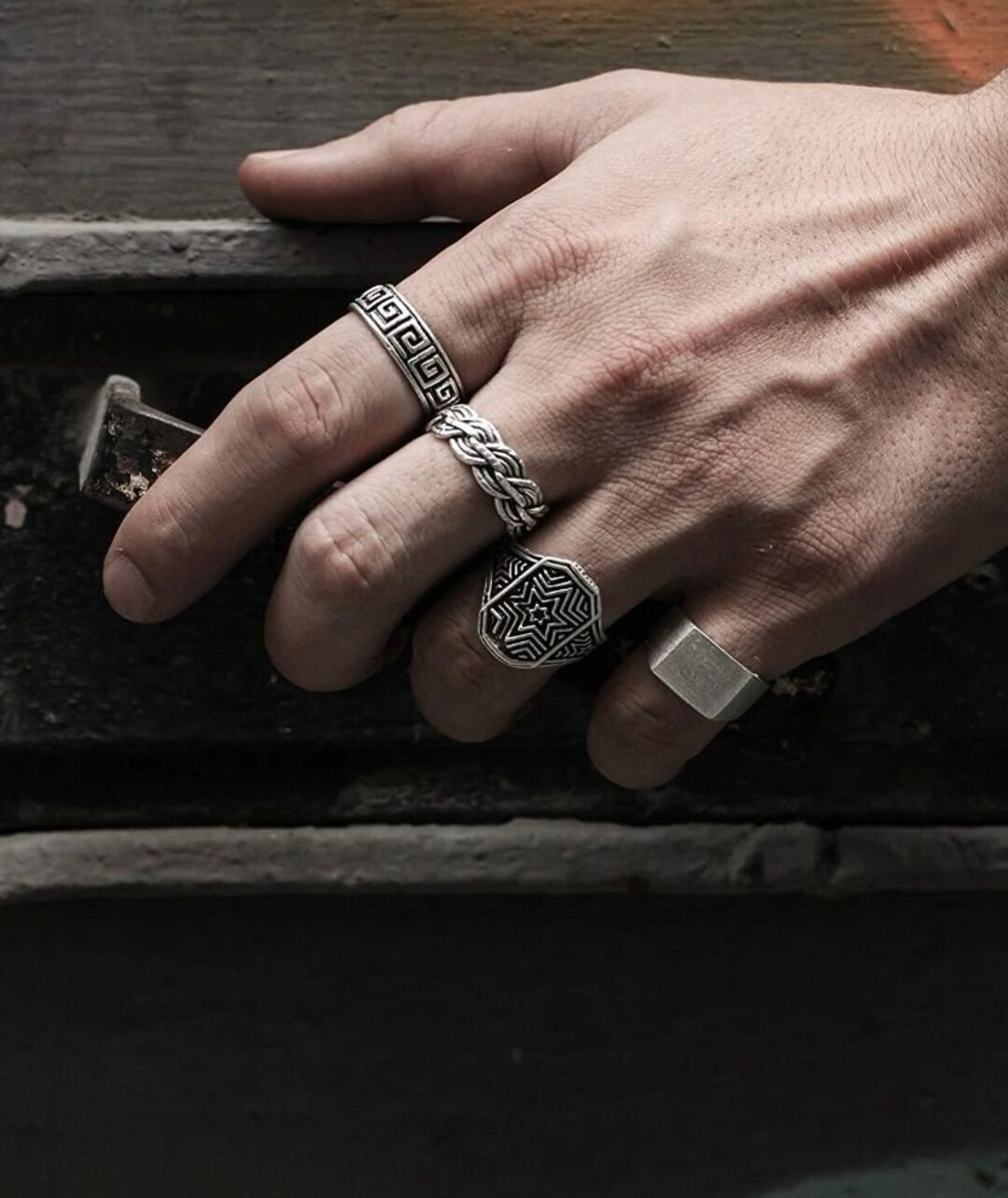 Adjustable 4 Piece Figured Men's Ring Set. - Etsy