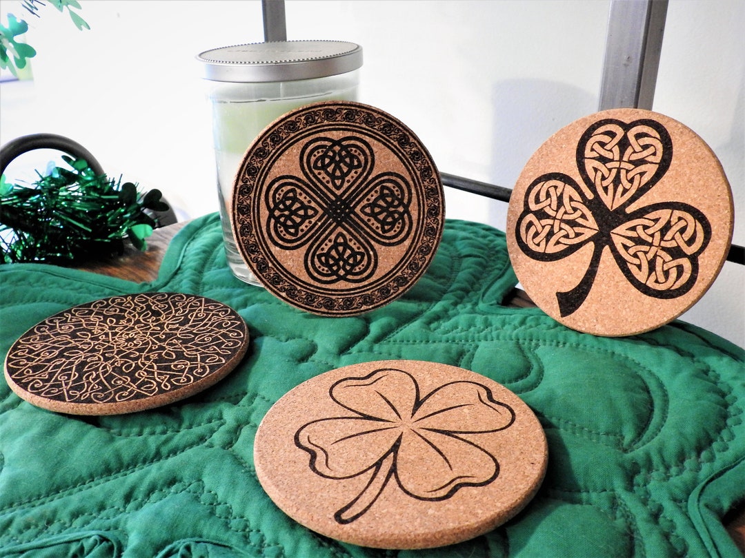 Irish Cork Coaster Set of 4 – Celtic Knot & Shamrock Designs – Irish ...