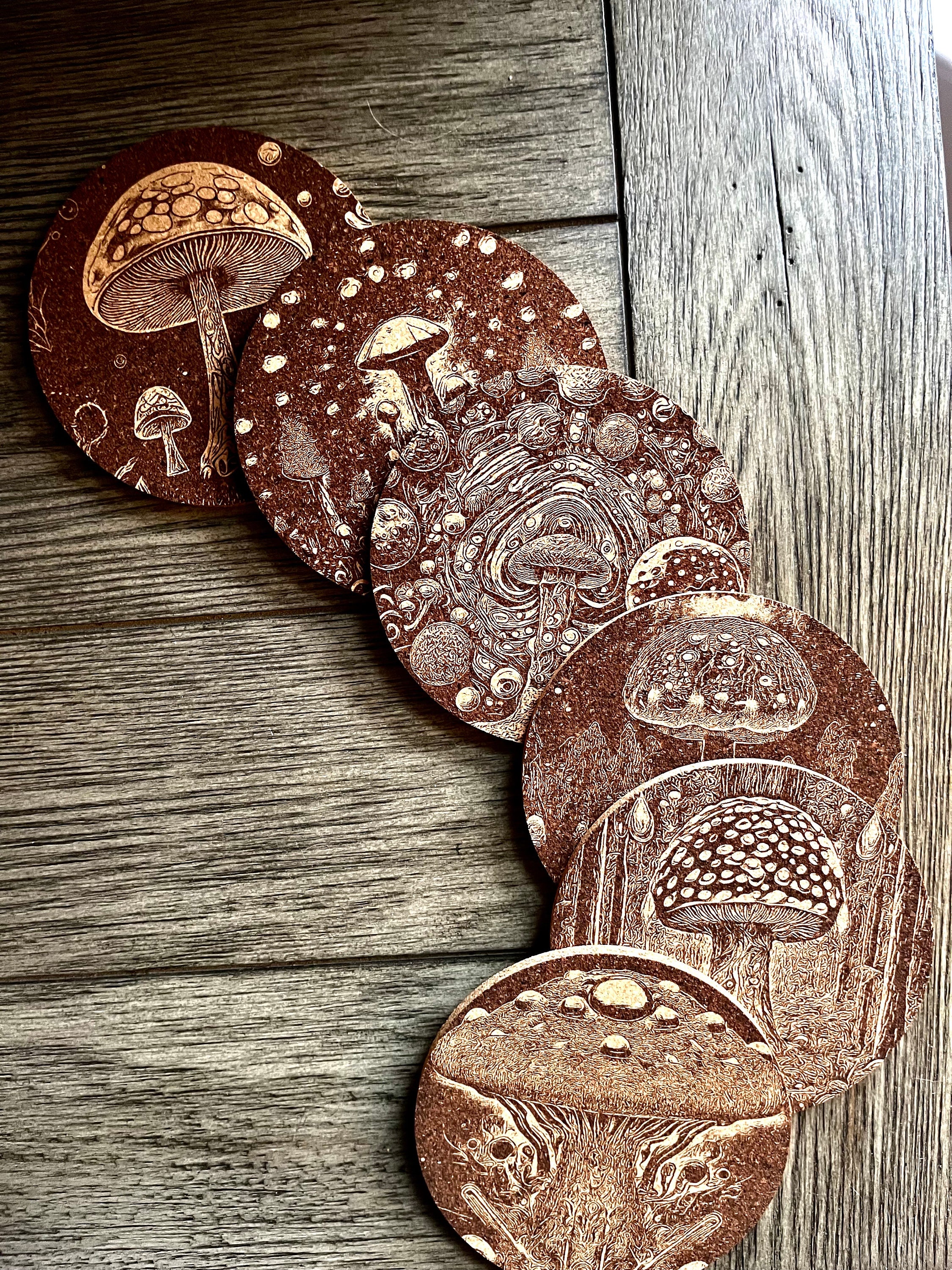 Mushroom Cork Coasters – Set of 6 | Laser Engraved Fungi Art | Earthy ...