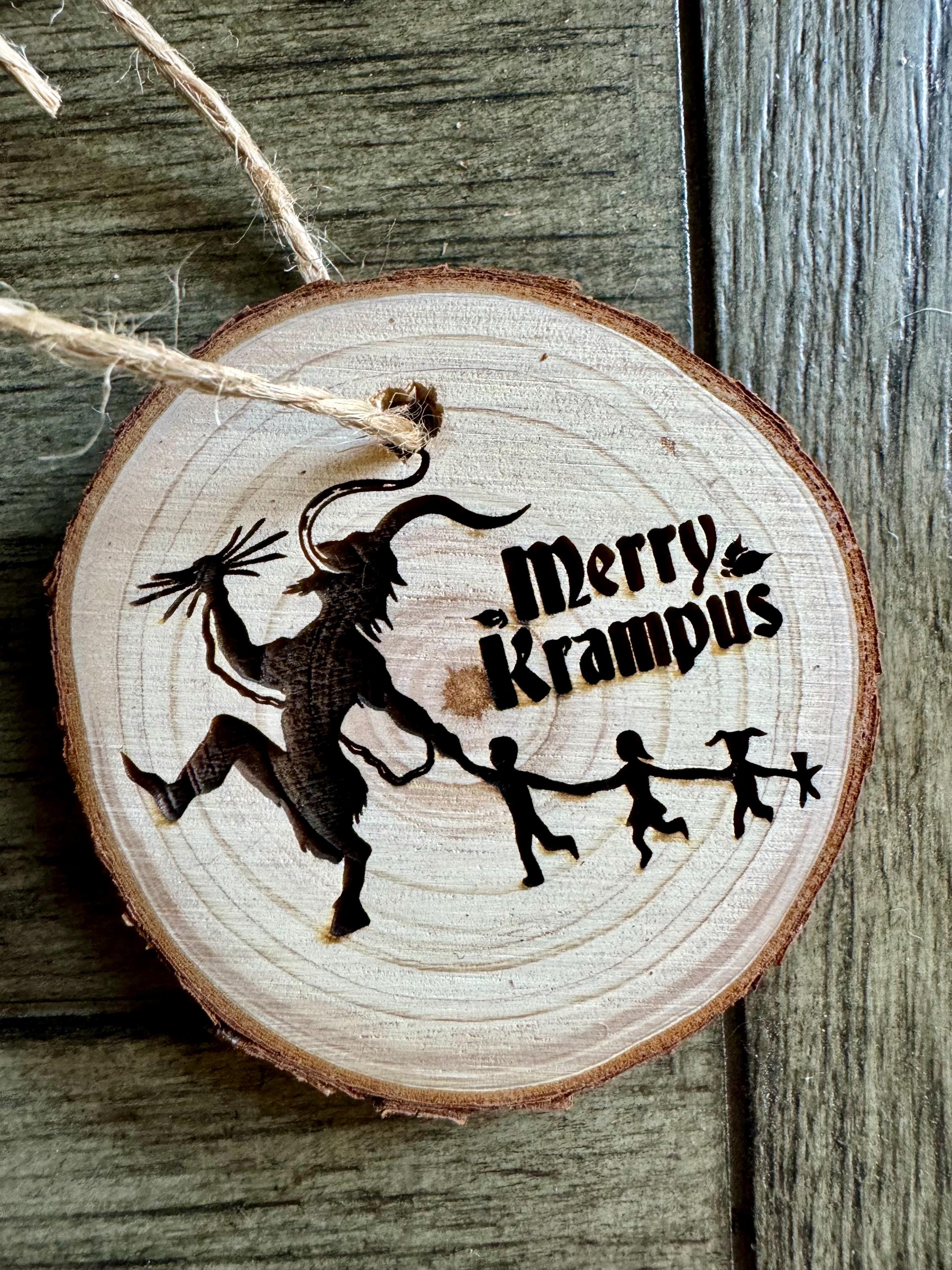 Merry Krampus Ornament – Horror Krampus Gift Tag, Rustic Wood Christmas ...