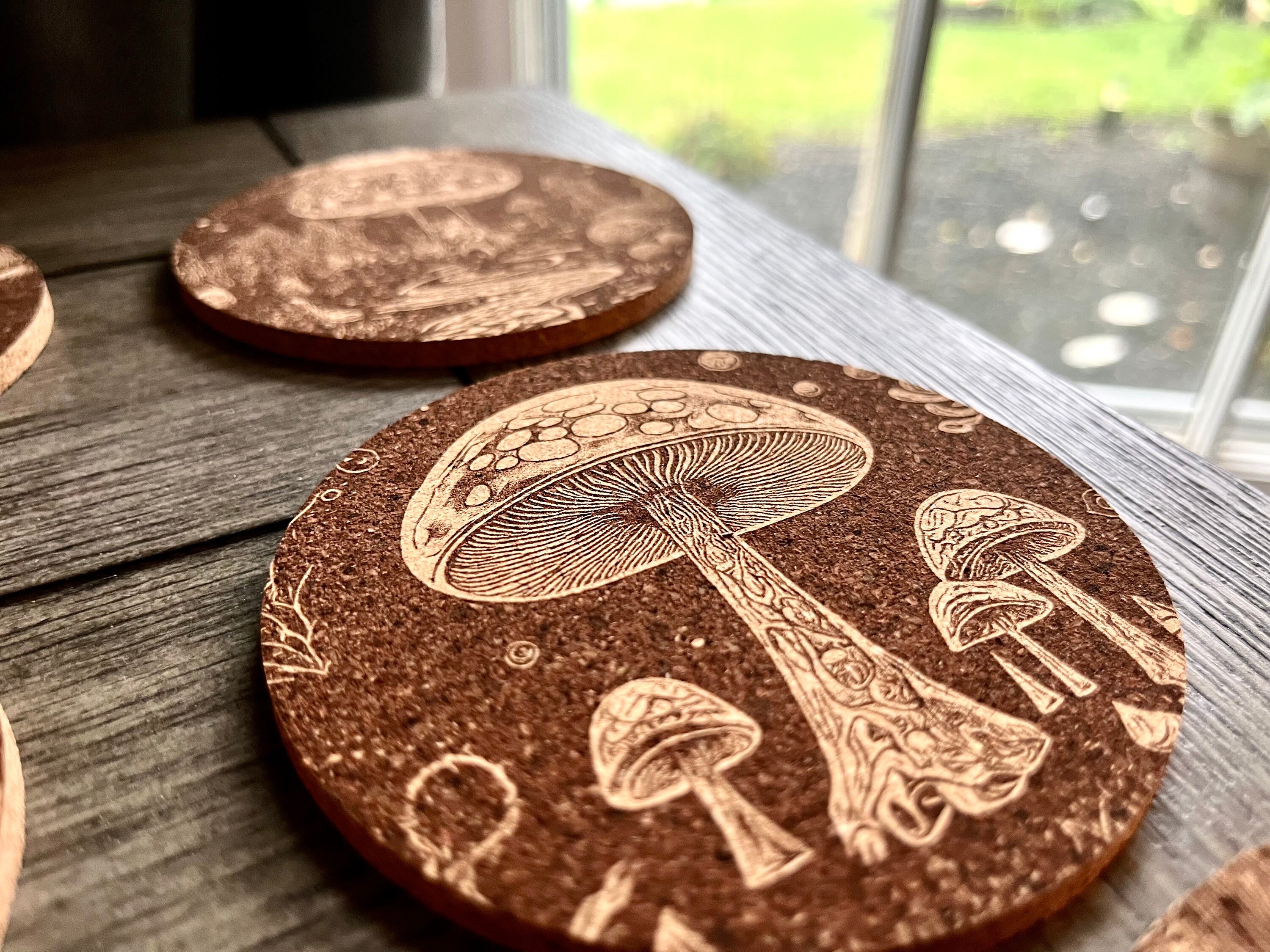 Mushroom Cork Coasters – Set of 6 | Laser Engraved Fungi Art | Earthy ...