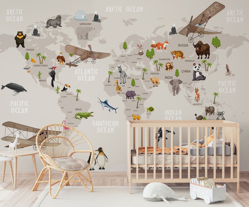 Child World Map Wallpaper, Kids Wallpaper Peel and Stick, Nursery Wall ...