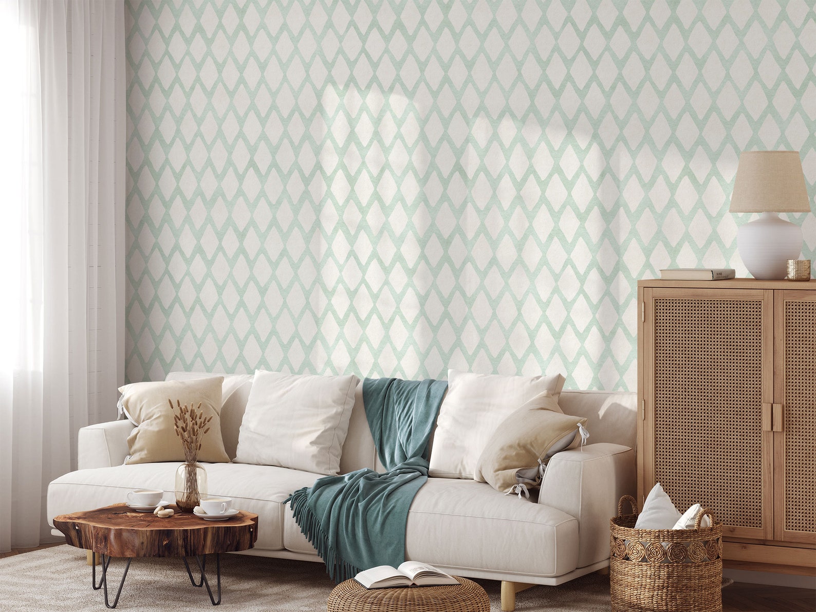 Minimal Harlequin Pattern Wallpaper, Peel and Stick, Soft Green ...