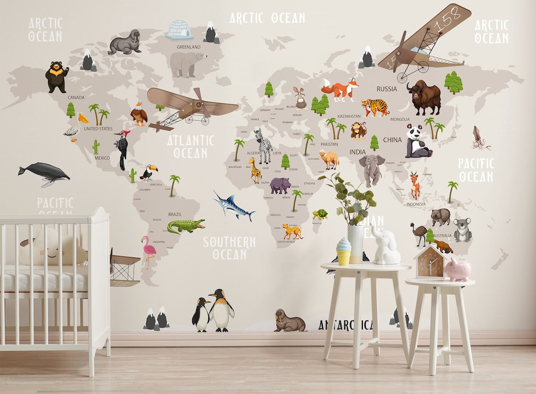 Child World Map Wallpaper, Kids Wallpaper Peel and Stick, Nursery Wall ...