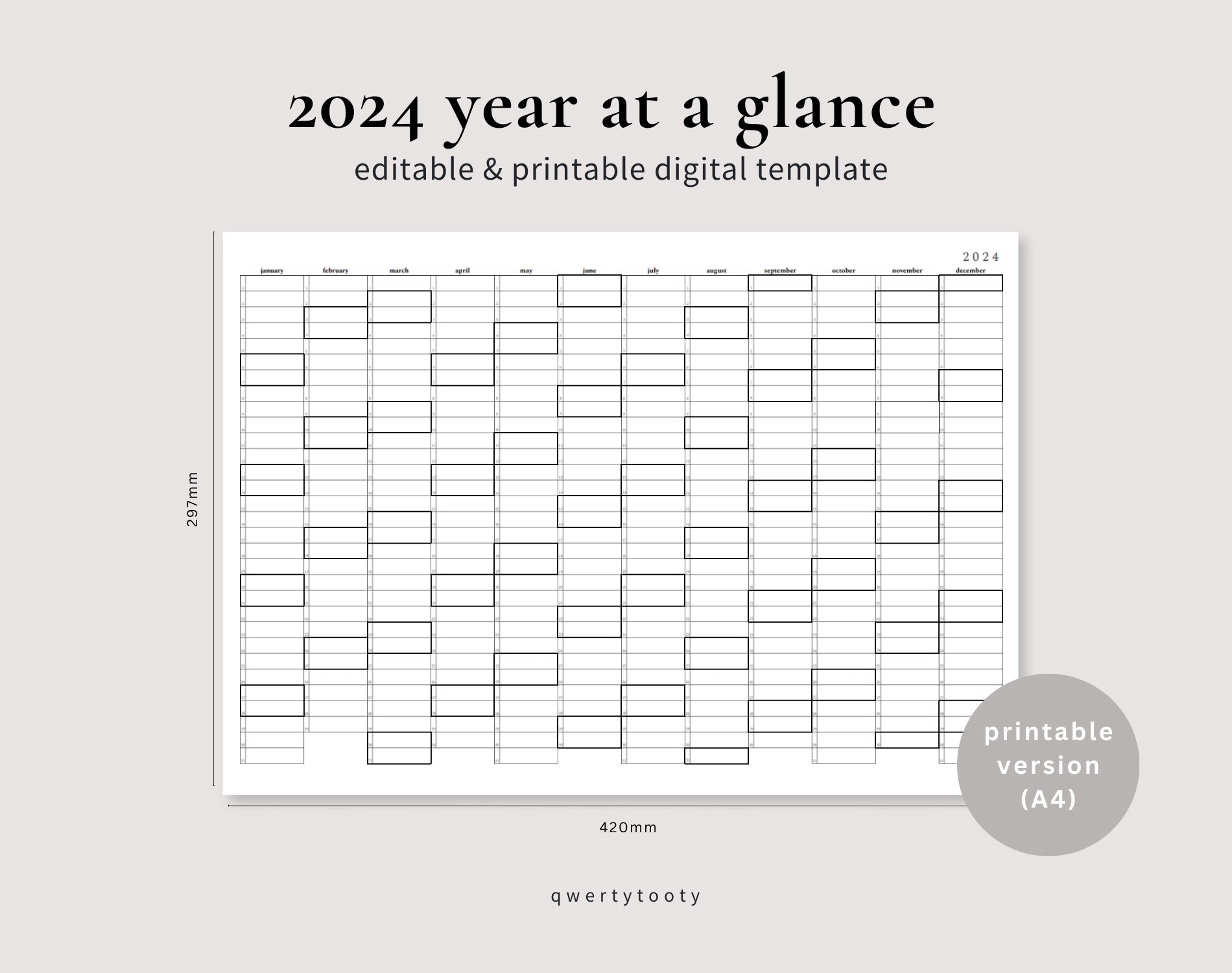 Printable Yearly Planner Calendar 2024, Minimalist Productivity Planner ...