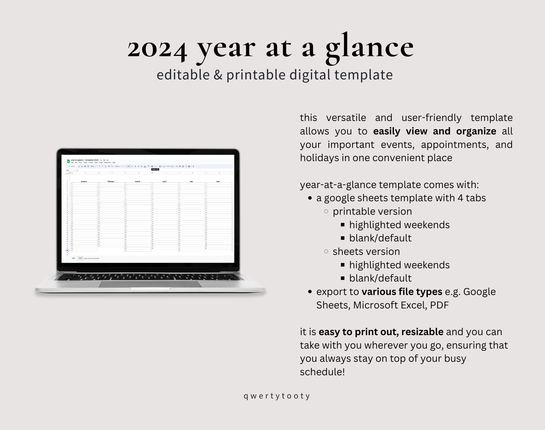 Printable Yearly Planner Calendar 2024, Minimalist Productivity Planner ...