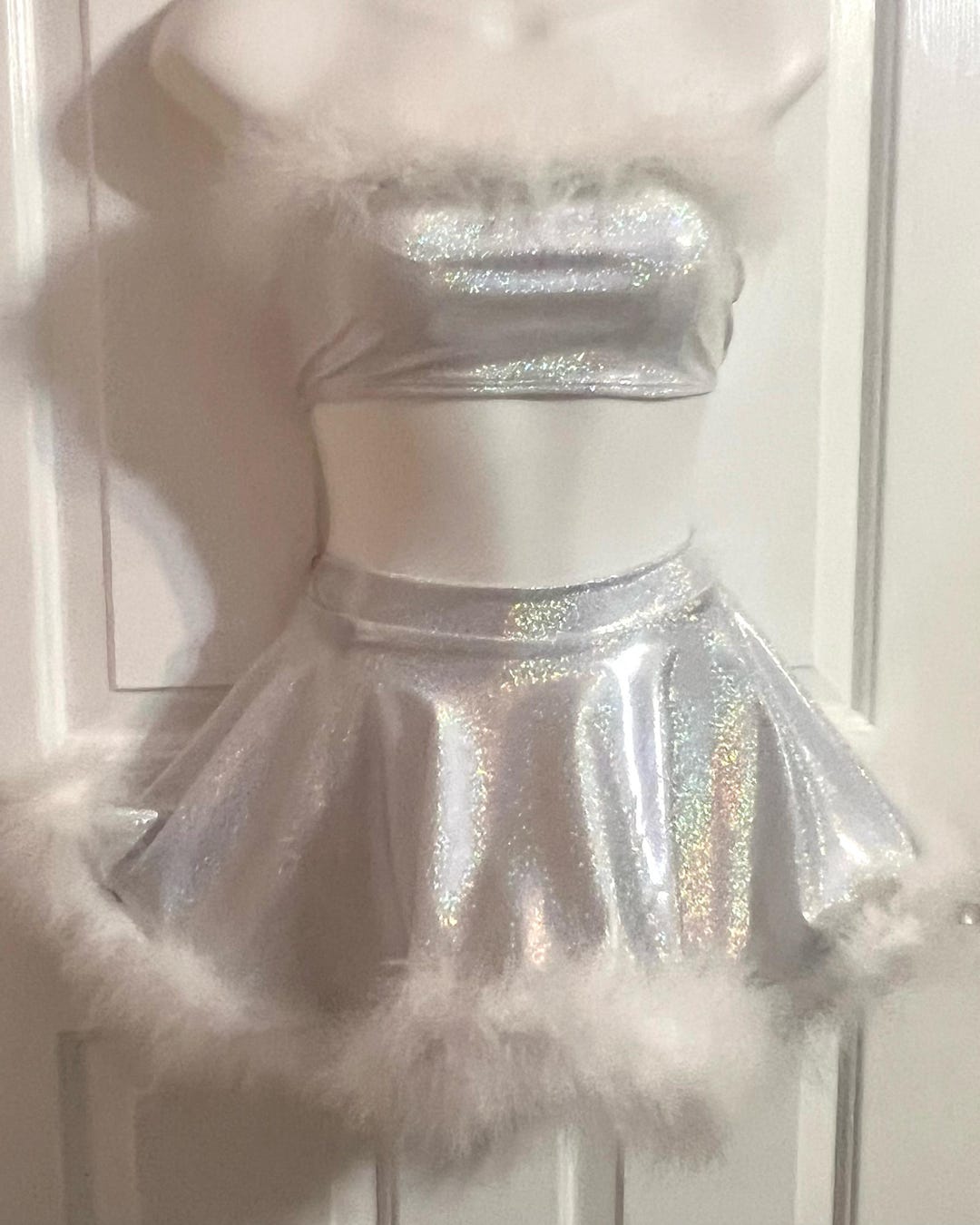 Silver White Feather Rave Set – Sparkly Crop Top and Fluffy Trim Mini ...