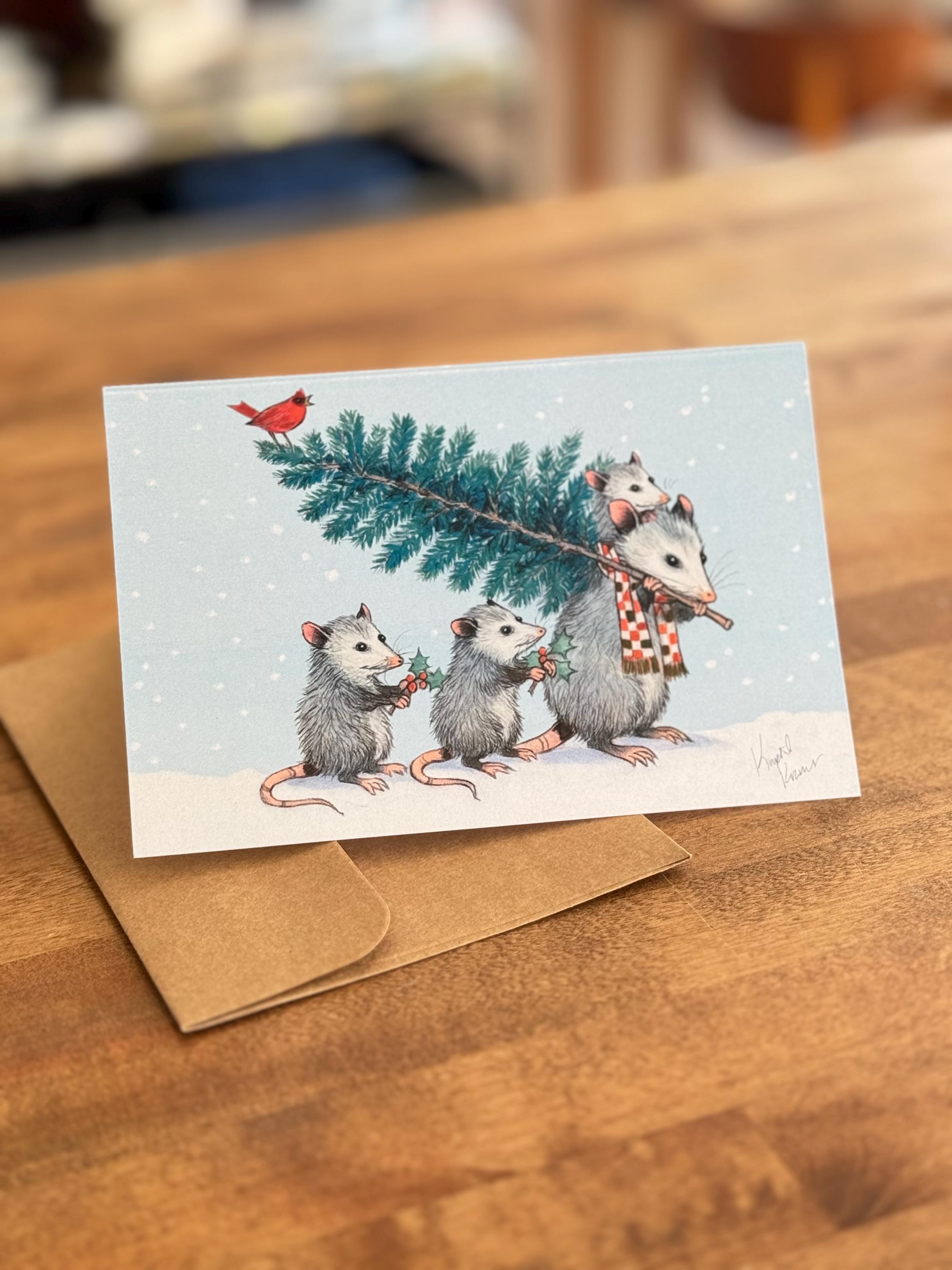 Opossum Possum Family Christmas Tree Greeting Card: Wildlife Art Print ...