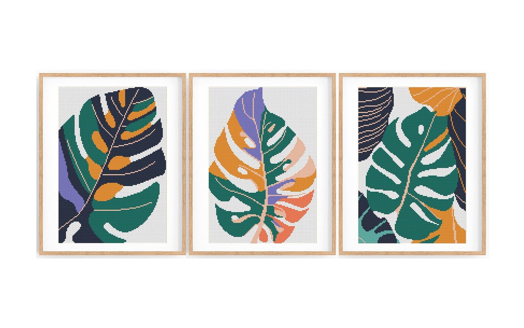 Set of 3 Modern Boho Cross Stitch Patterns, Abstract Monstera Cross ...