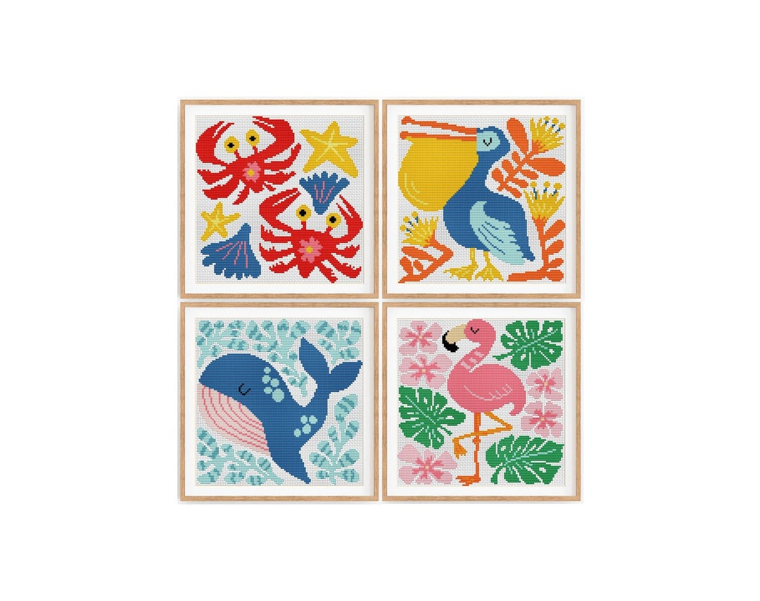 Set of 4 Modern Boho Cross Stitch Patterns, Abstract Floral Cross ...