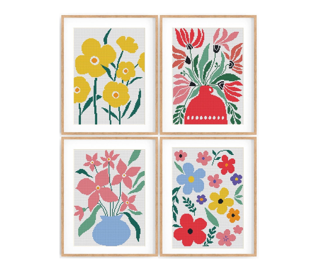 Set of 4 Modern Boho Cross Stitch Patterns, Abstract Floral Cross ...