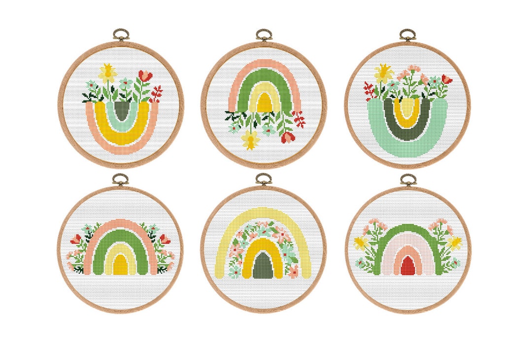 Cross Stitch Patterns, Set of 6, Rainbow, Flowers, Modern X-stitch ...