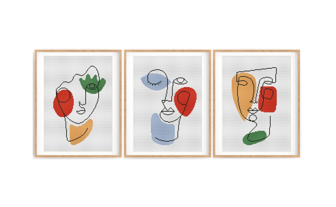 Set of 3 Modern Cross Stitch Patterns, Minimalistic Abstract Portrait ...