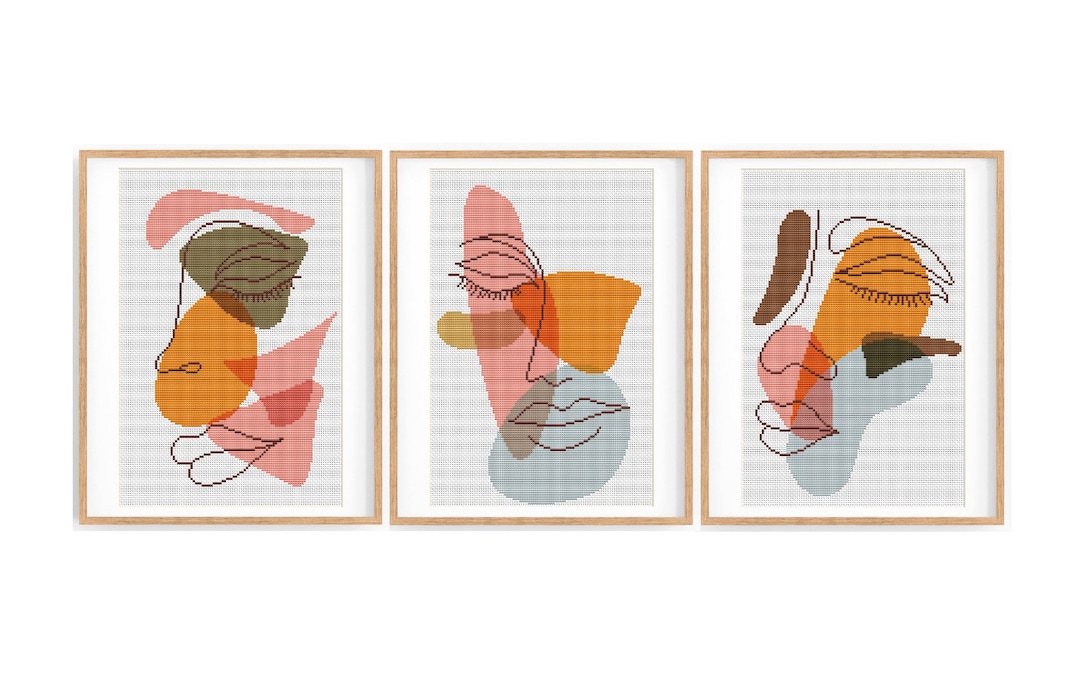 Set of 3 Modern Boho Cross Stitch Patterns, Abstract Portrait Cross ...