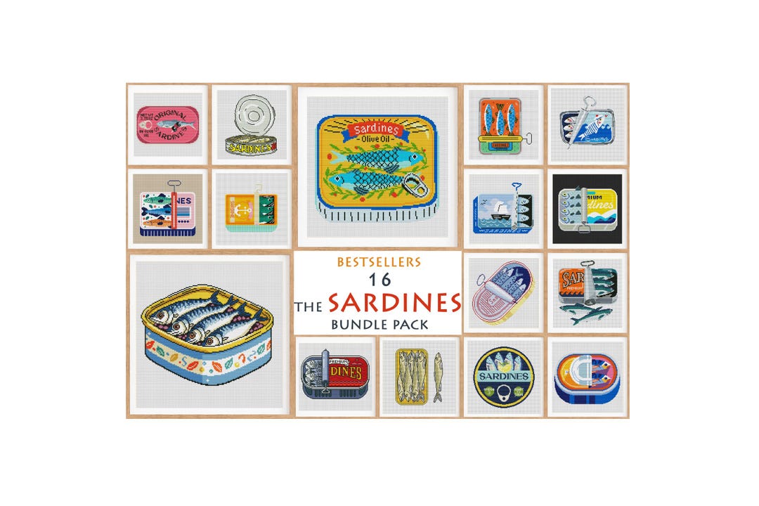 16 Sardines Bundle, Modern Art Sardine Cross Stitch Pattern, Set of 16 ...