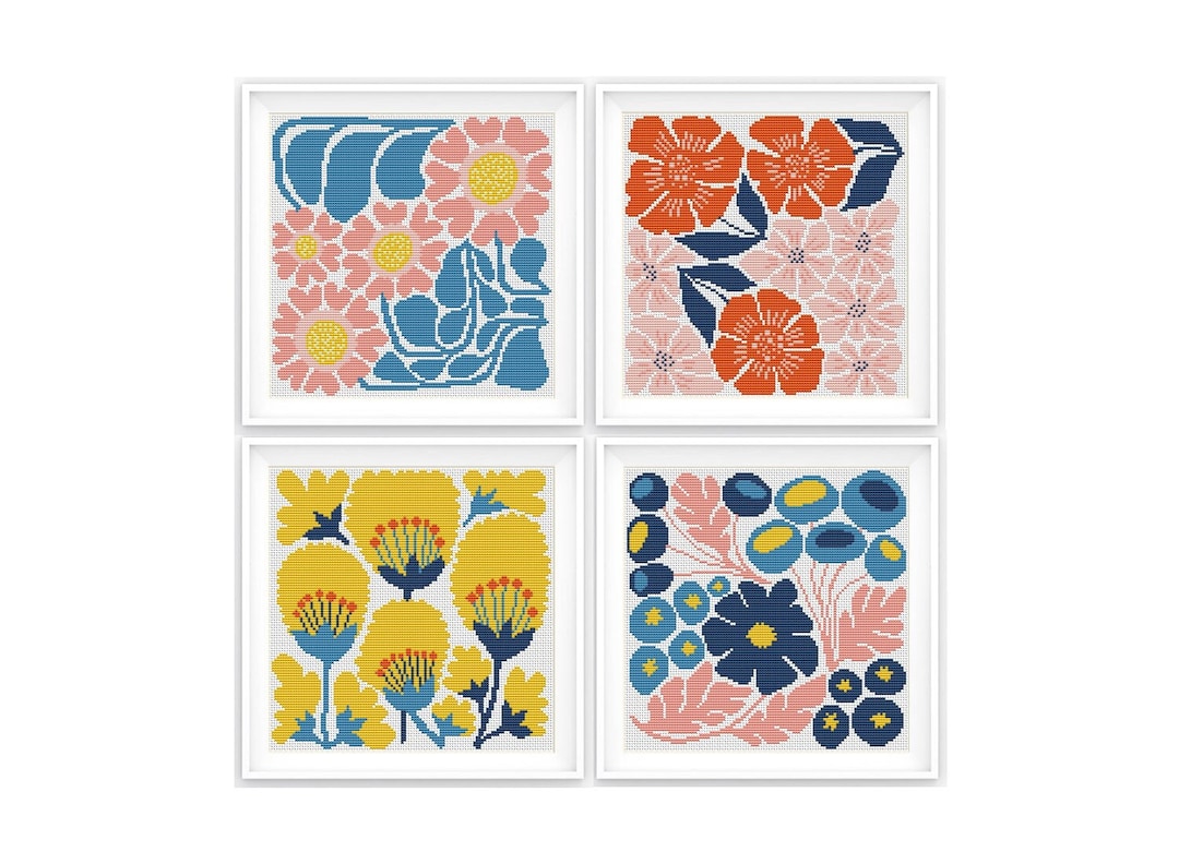 Set of 4 Modern Boho Cross Stitch Patterns, Abstract Floral Cross ...