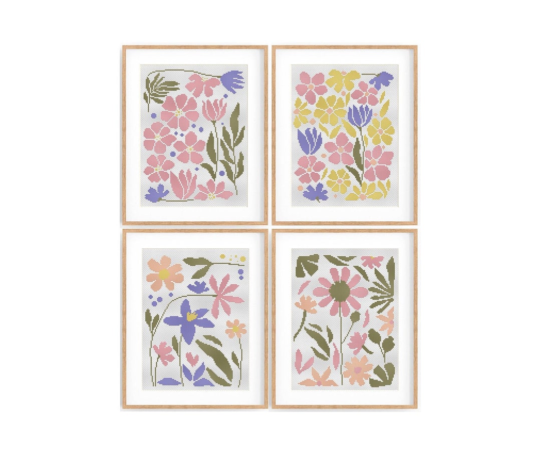 Set of 4 Modern Boho Cross Stitch Patterns, Abstract Floral Cross ...