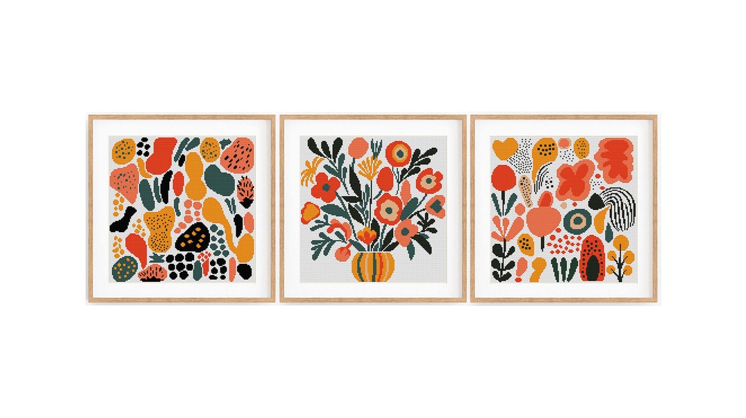 Set of 3 Modern Boho Cross Stitch Patterns, Abstract Floral Cross ...